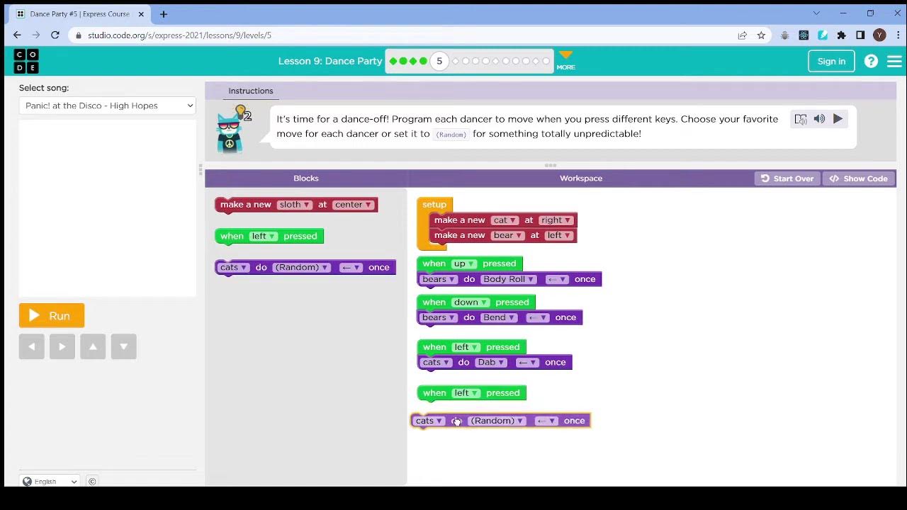 L9-5 |Code.org | Express-2021 | Lesson 9:Dance party| level 5 - YouTube