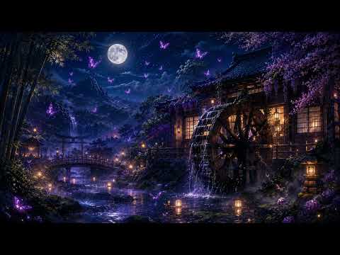 【4K / Water Sounds + Night Ambience】 Moonlit Japanese Waterwheel Village🌙for Sleep & Relaxation