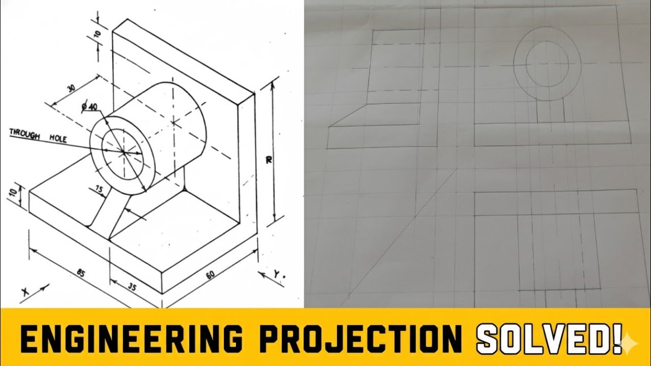 ORTHOGRAPHIC PROJECTION of a CYLINDRICAL BLOCK (First Angle) - EASIEST ...