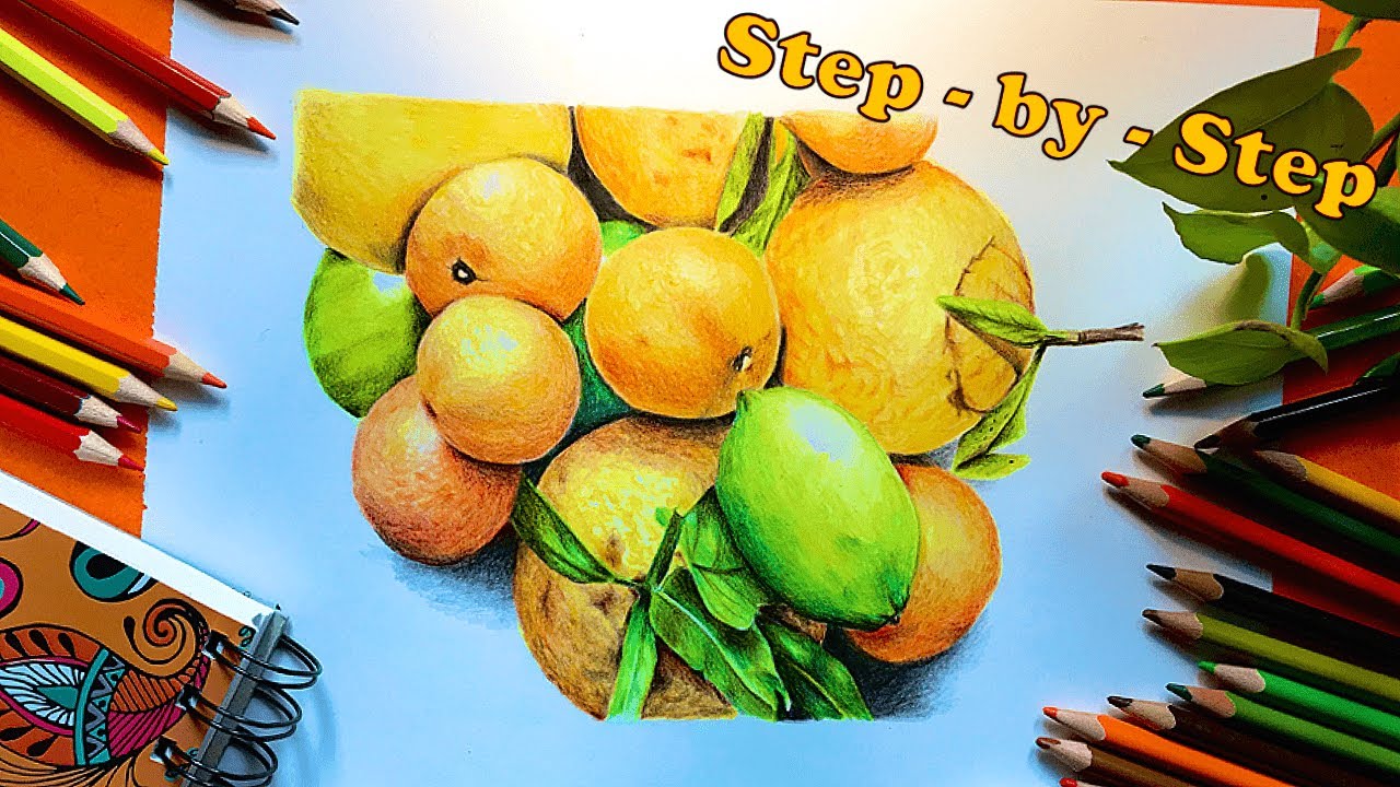 How to draw ORANGES with Colour Pencils - Step by Step Realistic ...
