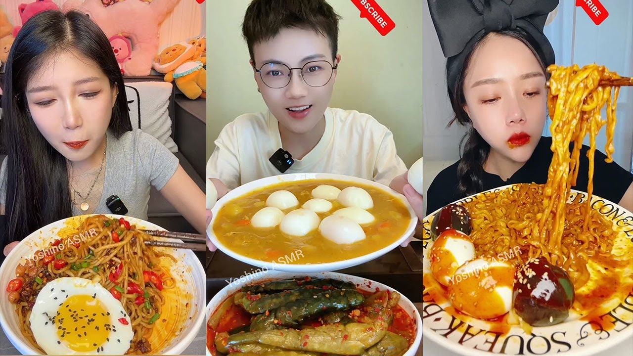 Smokey Noodle Eating Show Boiled Noodles With Spicy Sauce, Fried Eggs ...