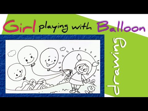 How to draw A Girl playing with Balloon drawing|A Girl playing with ...