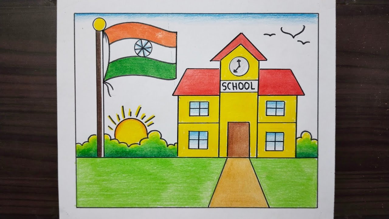 School Scenery Drawing / My School Drawing / How to Draw a School Easy ...