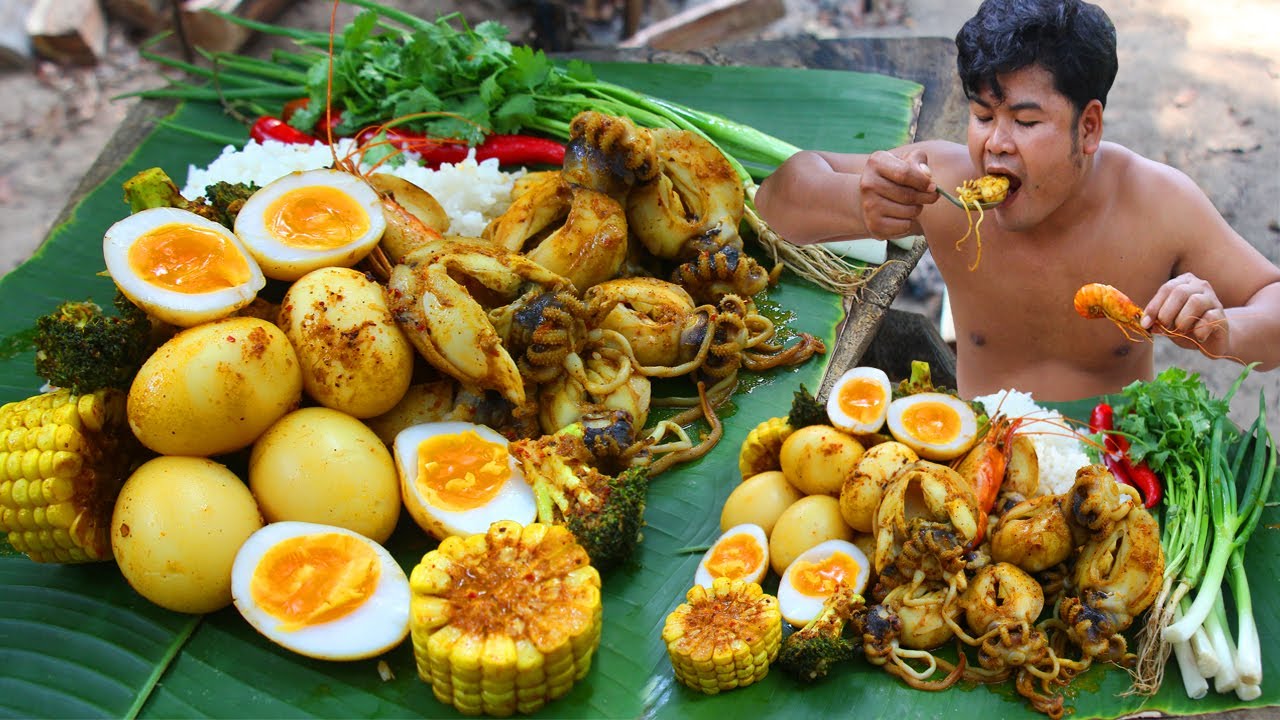 #MixSeafood Cooking Coconut Squids Curry Recipe Eating So Delicious ...