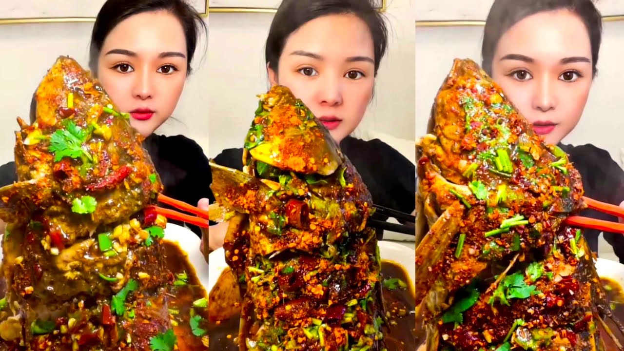 Asmr Eating Spicy Big Fish Head Mukbang | Fish Head Fry | Fish Head ...
