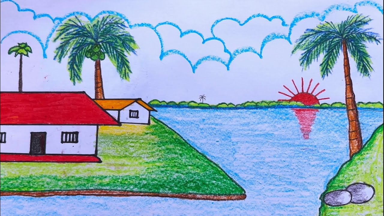 Easy Step To Draw House and River Coconut Tree Scenery | Riverside ...