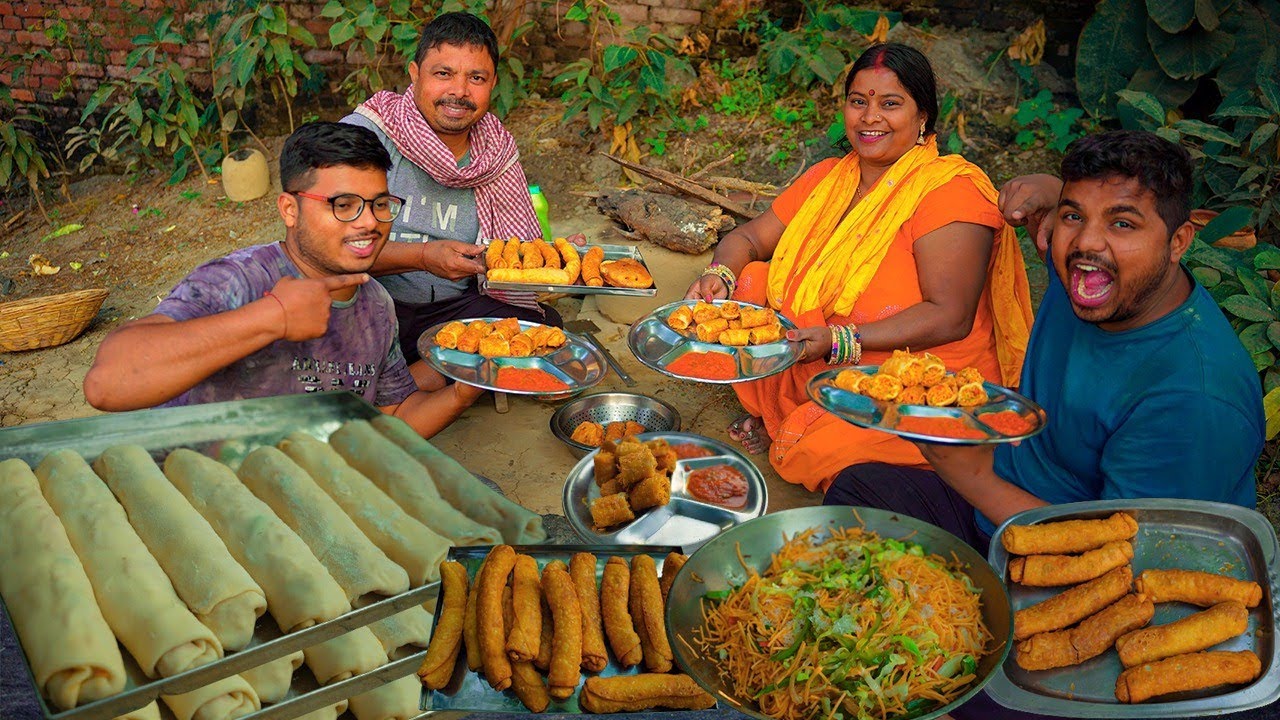 Family Cooking & Eating Veg Spring Rolls & chatni | Vegetables Spring ...