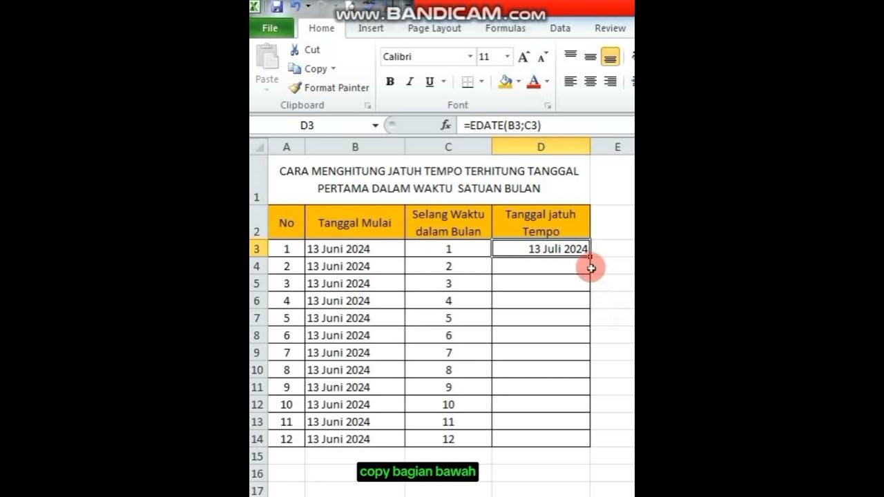 Cara menghitung jatuh tempo terhitung tanggal pertama dalam waktu satuan bulan di ms excel - YouTube