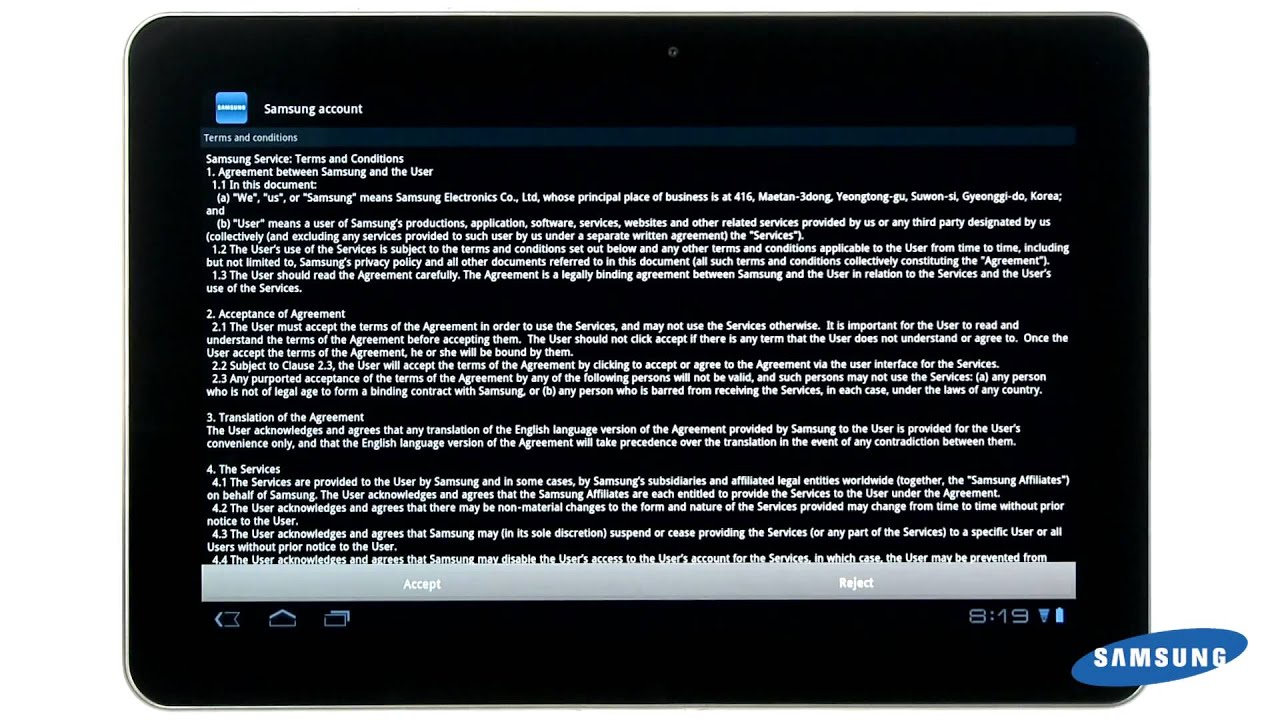 Galaxy Tablet 10 1 Samsung Account Setup - YouTube