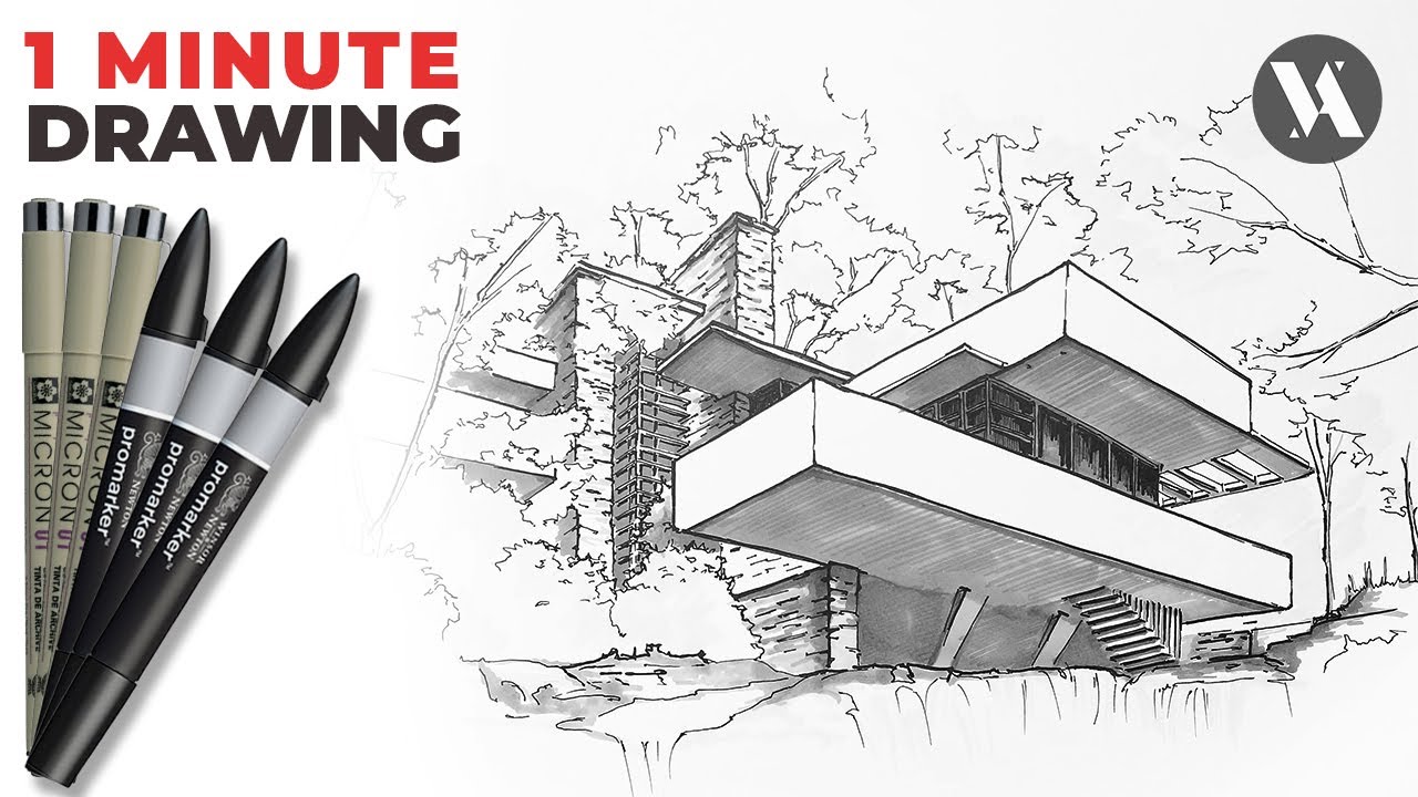 Falling Water House USA Freehand Architecture Drawing Speedpainting ...