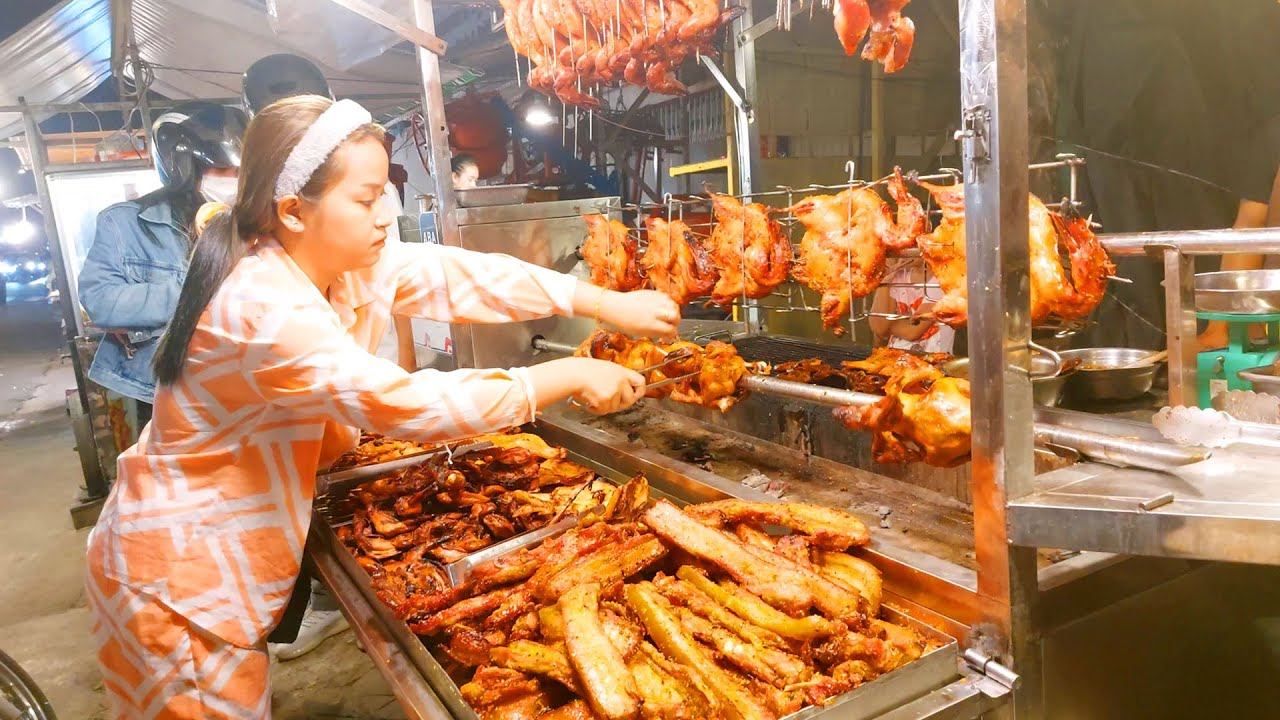 Popular Street Food at Night, Charcoal Grilled Chicken & Duck - Fried ...