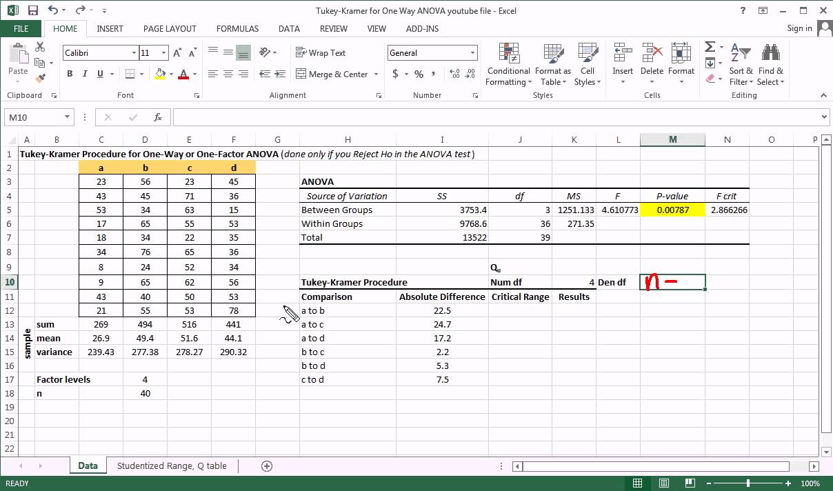 Tukey Kramer Multiple Comparison Procedure and ANOVA with Excel - YouTube