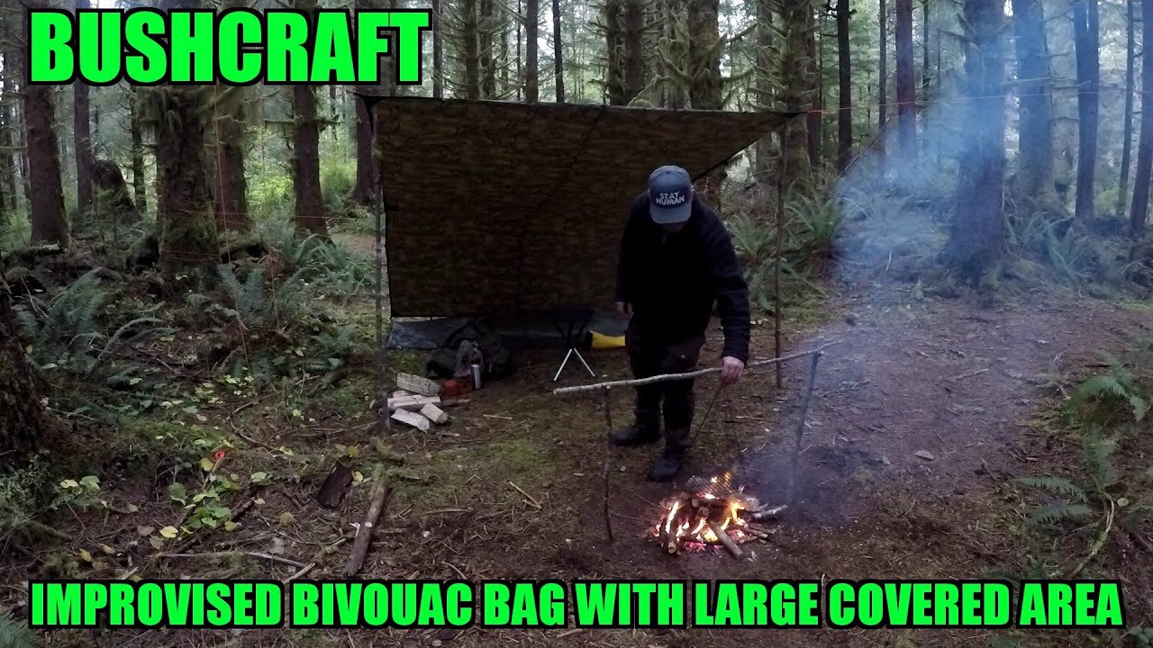 Solo Overnight Bushcraft base camp setup large tarp and improv bivvy ...