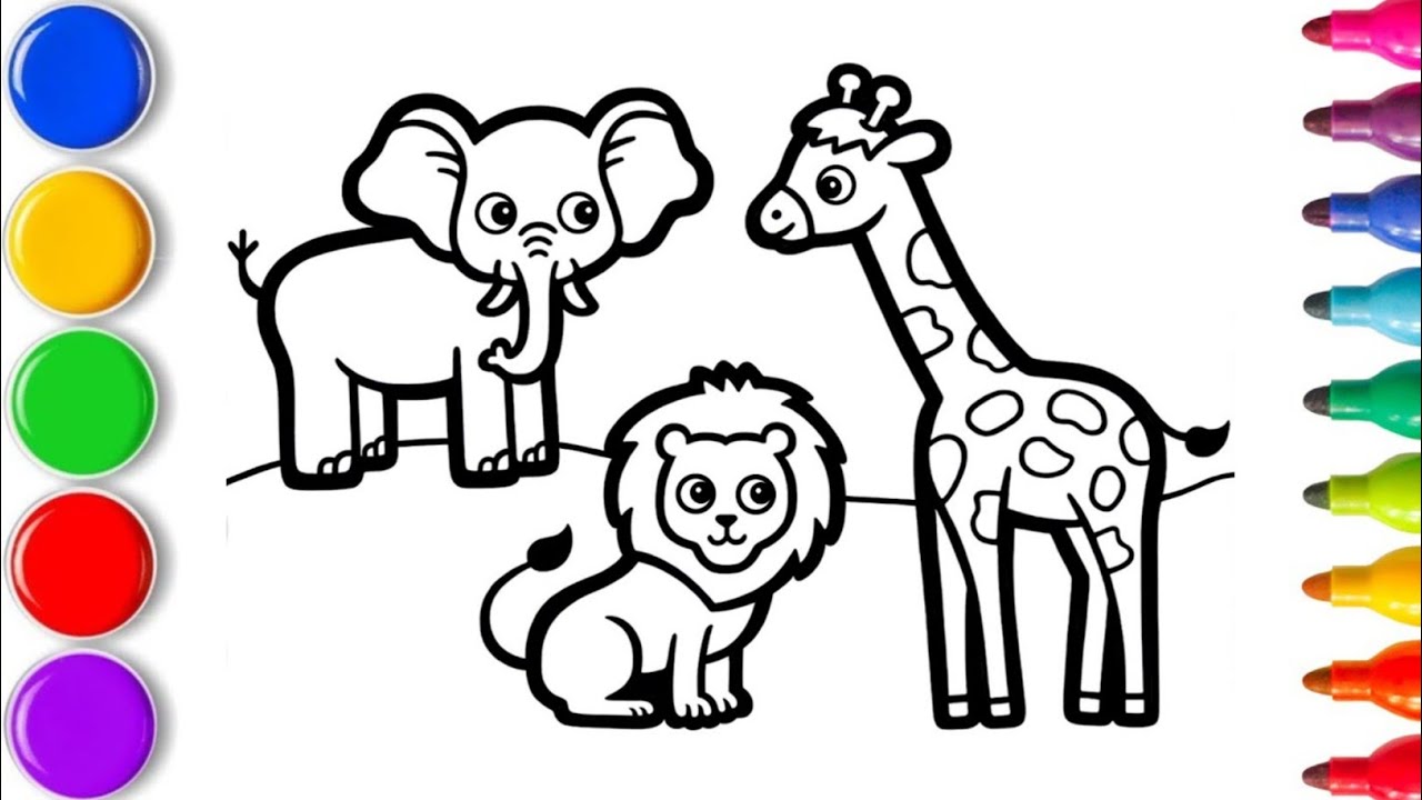 How To Draw Safari Animal 🐅 🦒 🐘 Drawing And Coloring Cute Safari Animal ...