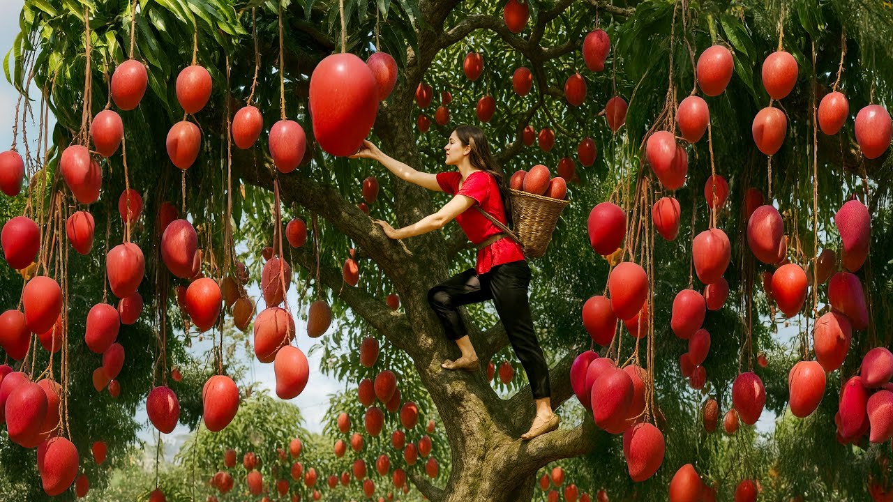 Woman Harvesting 10000 Red Mangoes on High | How to Sell Mangoes in a ...