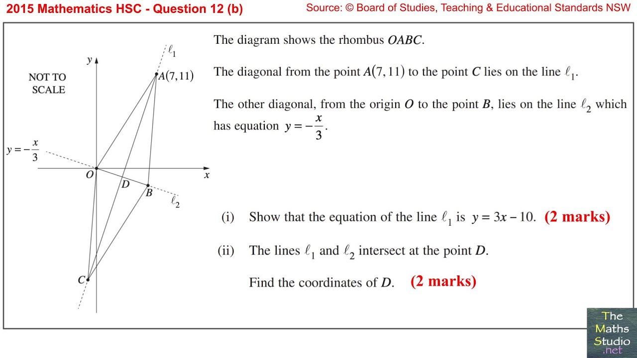 2015 Maths 2u HSC Q12b Solve coordinate geometry problem involving ...