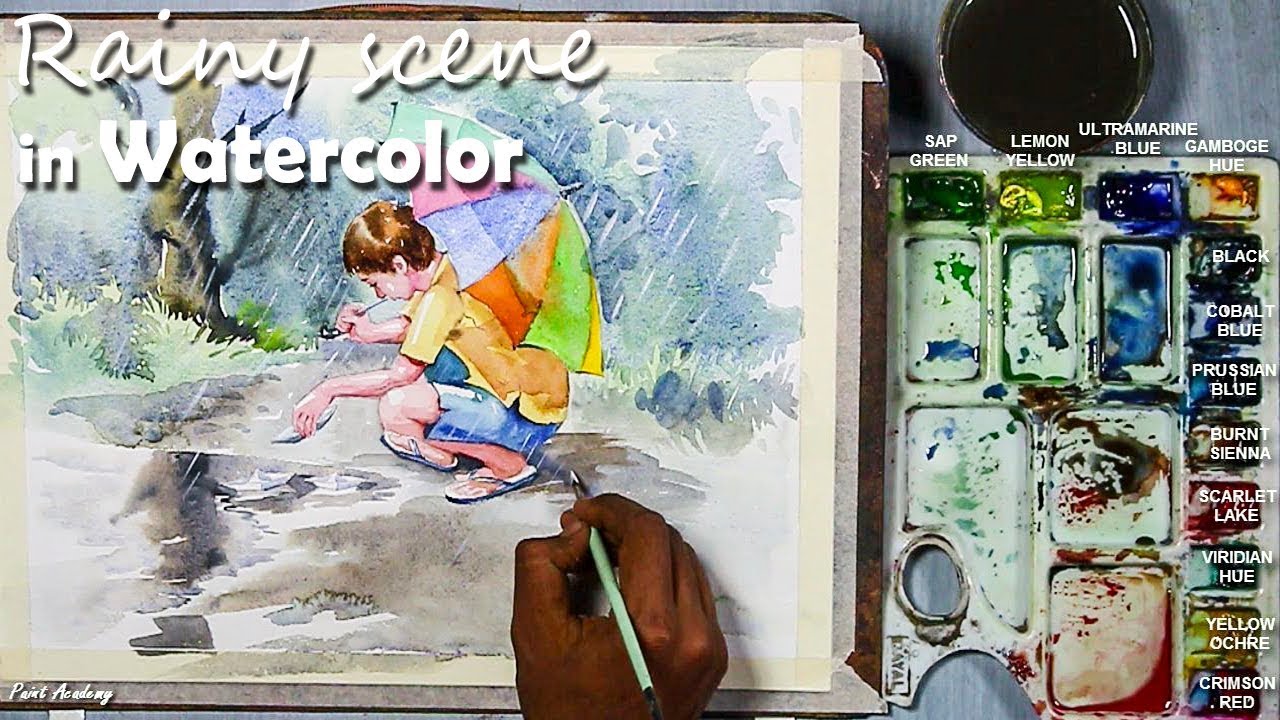 Watecolor Rainy Scene : Boy floating paper boat in water | step by step ...