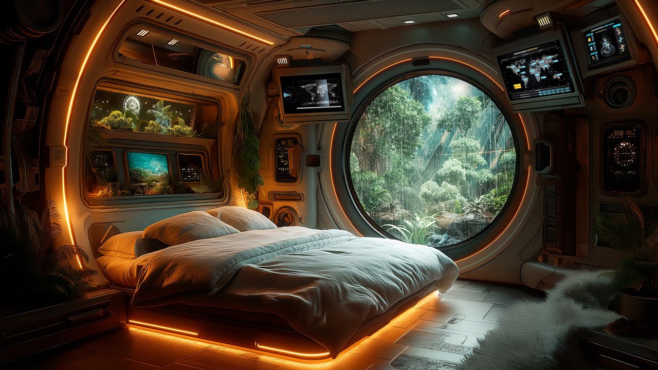 Celestial Rain Oasis | Spaceship Bedroom Rainstorm For Harmony | Music ...