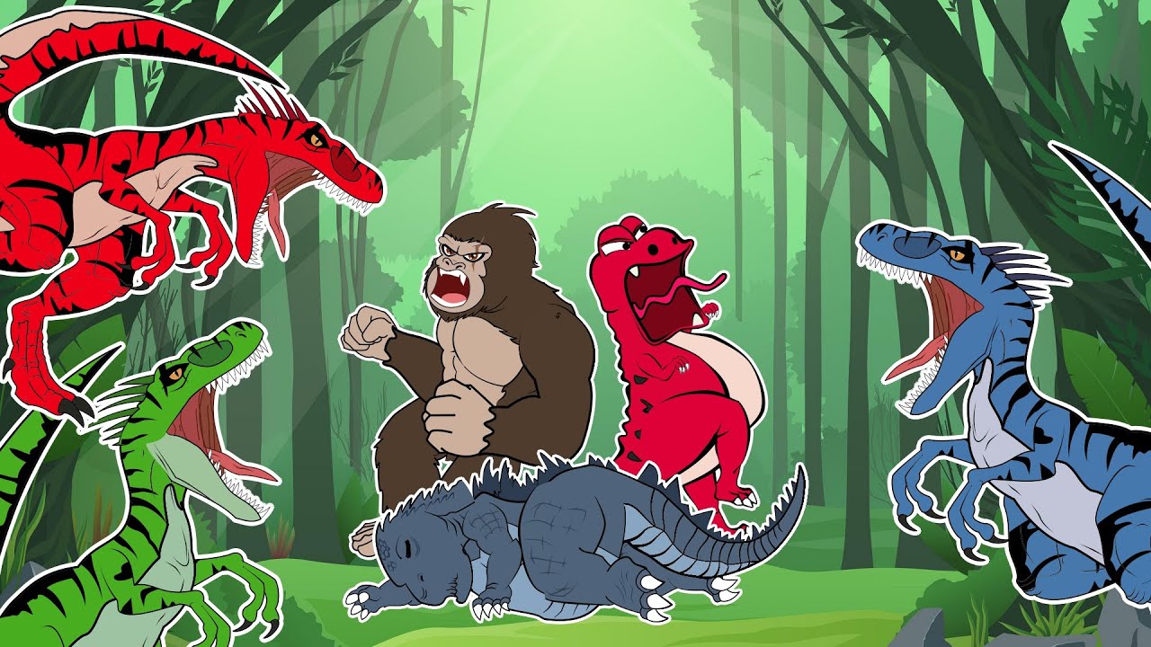 Godzilla Jr, T-Rex Dinosaur & Kong Face Off Against Raptors Thieves ...