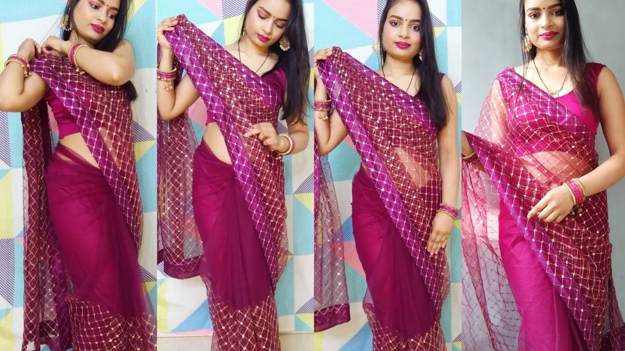 How to Drape Full Net Saree with Perfect Pleats👌😍 | Sequence Work Saree ...