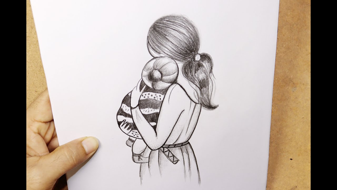 Drawing A baby sleeps in her sisters arms | Pencil drawing tutorial ...