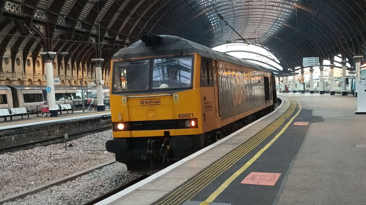 class 60 GBRF 60021 with drax power station wagons at york station 28 ...