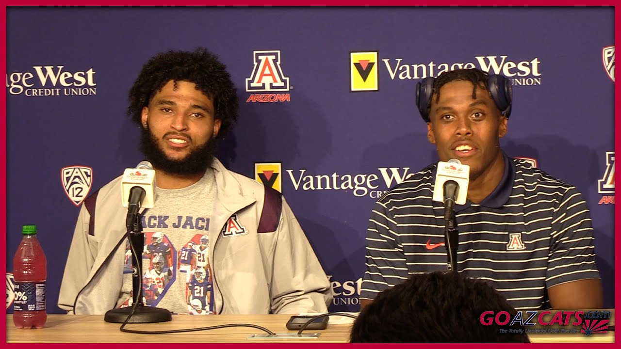 Arizona defensive players Jaxen Turner & Jerry Roberts talk after win ...
