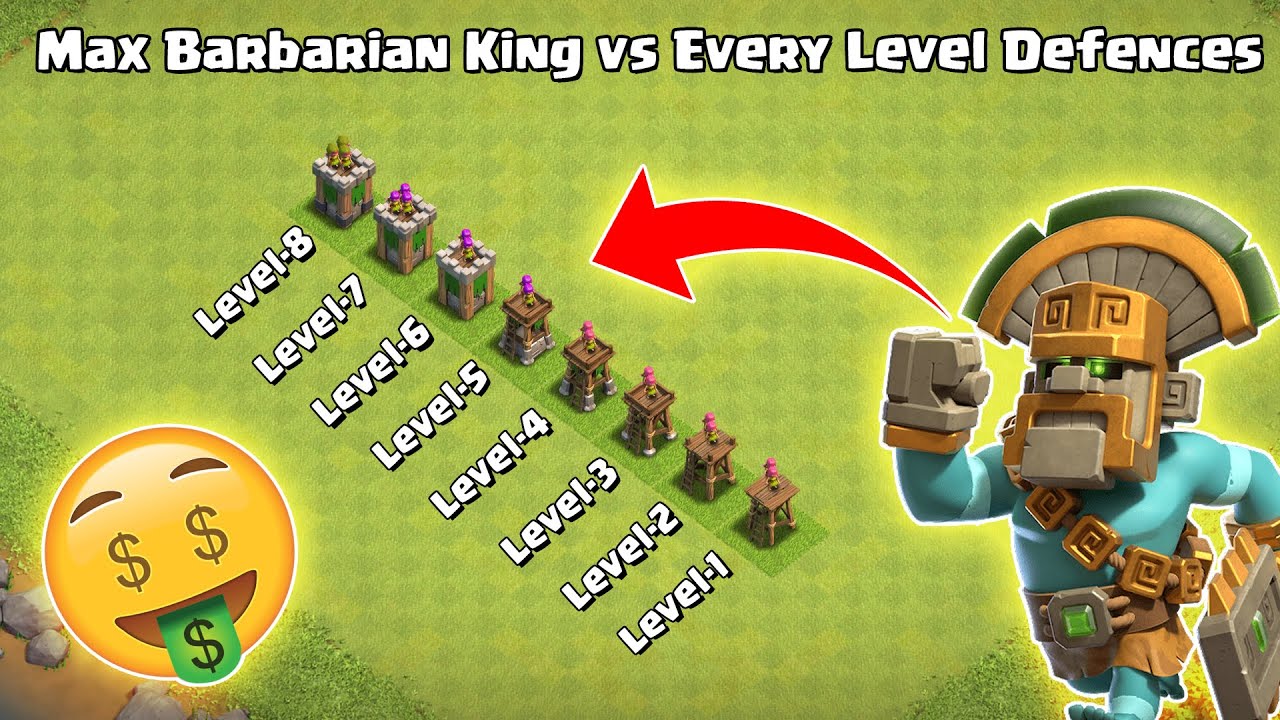 Max Barbarian King vs Every Level Defences | Clash of Clans | *Level-1 ...