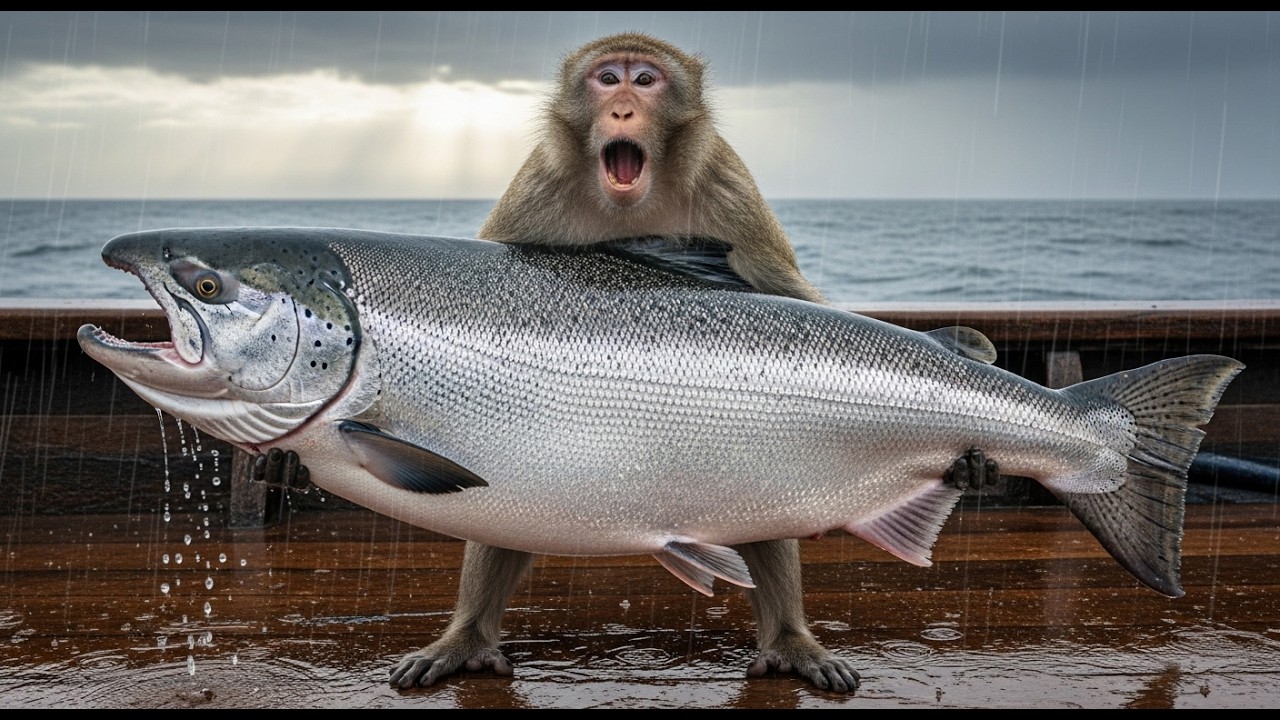 Monkey Catches Giant Salmon in Storm and Makes Perfect Sashimi - YouTube