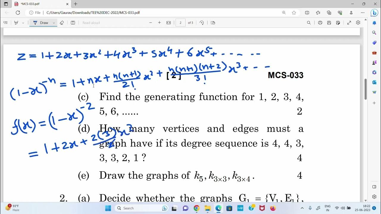MCS-033 : ADVANCED DISCRETE MATHEMATICS Q1c | Find the generating function for 1, 2, 3, 4, 5, 6 ...