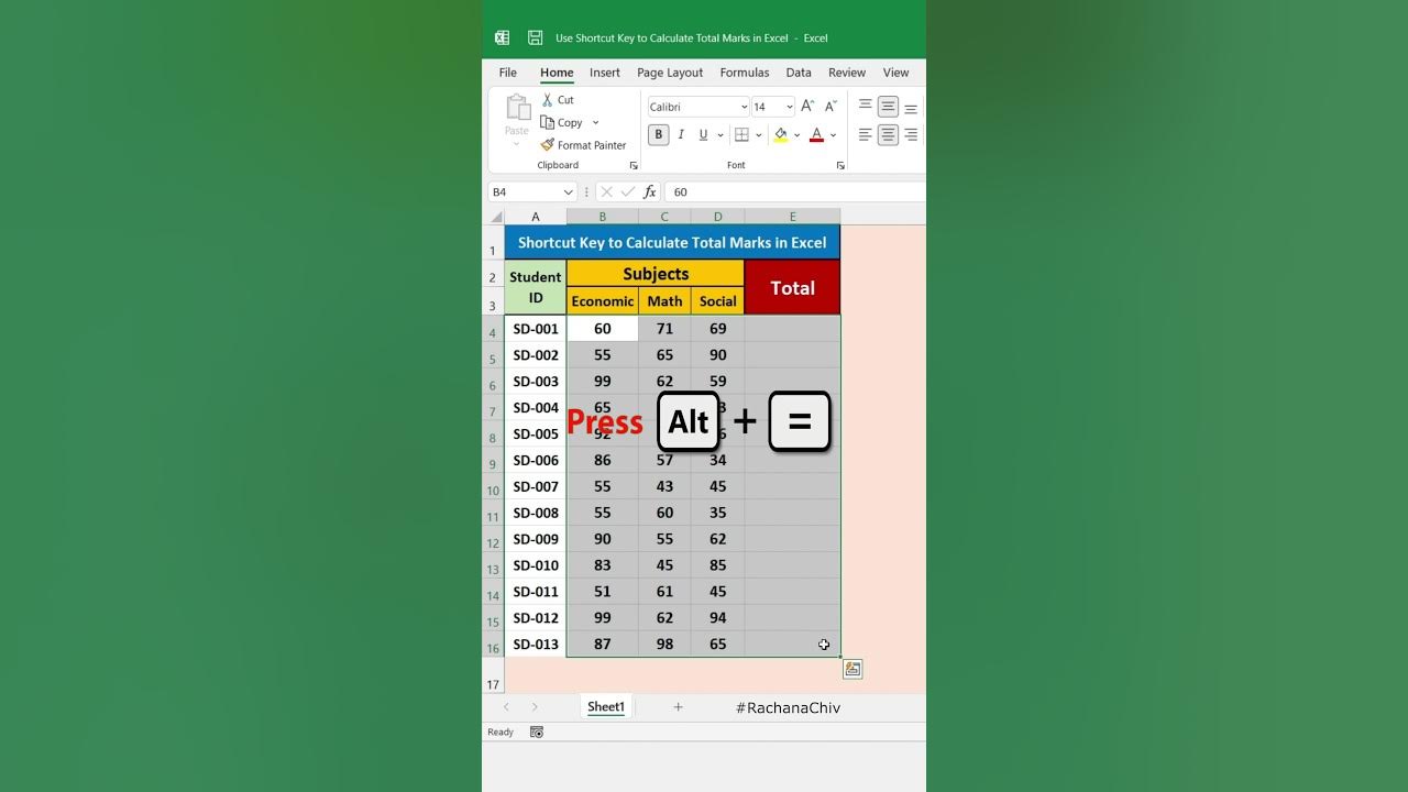 Use Shortcut Key Of Sum Function To Calculate Total Marks In Excel Shorts Excel Excelbasic