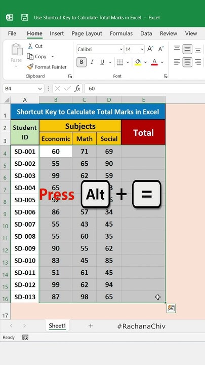 Use Shortcut Key Of Sum Function To Calculate Total Marks In Excel Shorts Excel Excelbasic