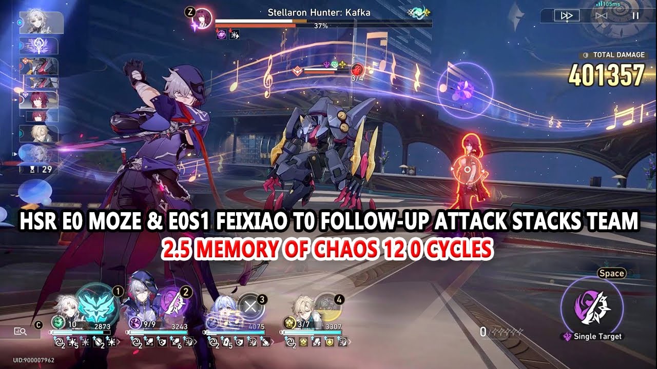 HSR E0 Moze & E0S1 Feixiao T0 Follow-Up Attack Stacks Team : 2.5 Memory ...