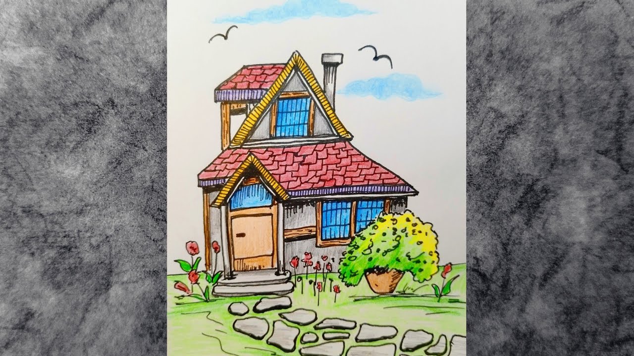 Simple Beautiful House Landscape Drawing with Colored Pencils and Ink ...