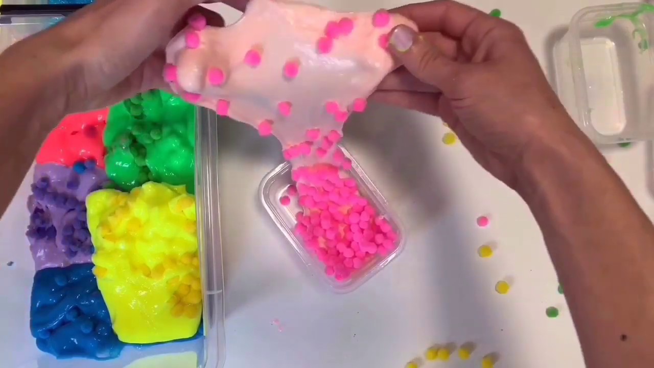 Mixing 8 colors slime, pastel and fluo, glitter and pom pom, verry ...