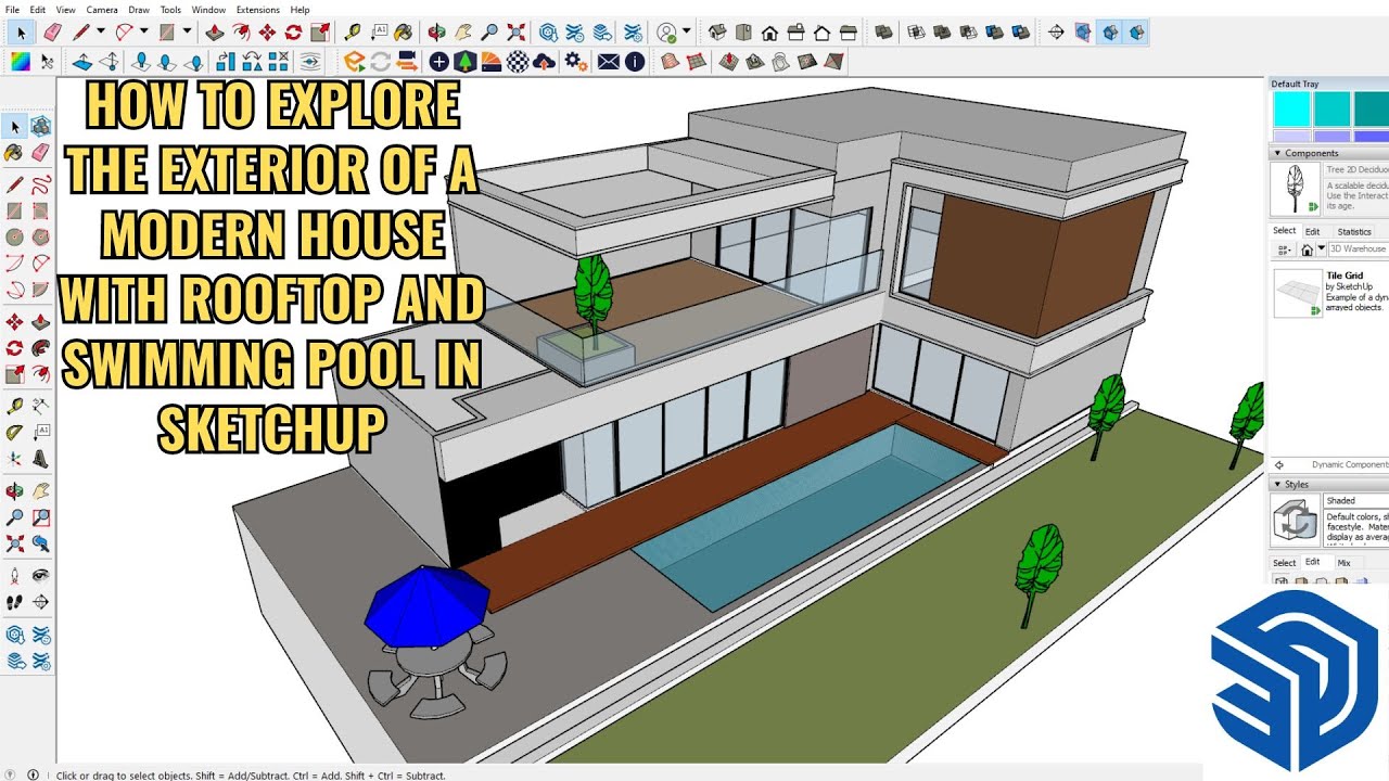 SKETCHUP HOUSE TUTORIAL HOW TO EXPLORE THE EXTERIOR OF A MODERN HOUSE WITH ROOFTOP AND SWIMMING ...