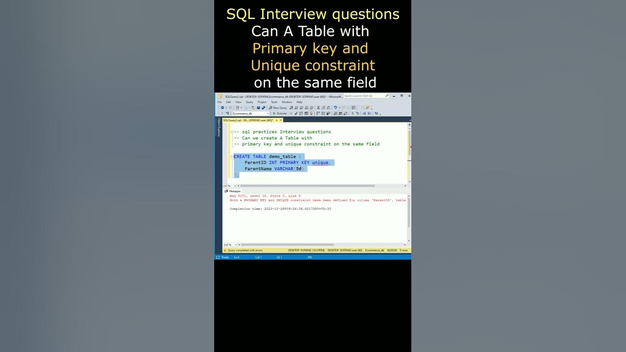 Sql Interview Questions Primary And Unique Key With An Example Table