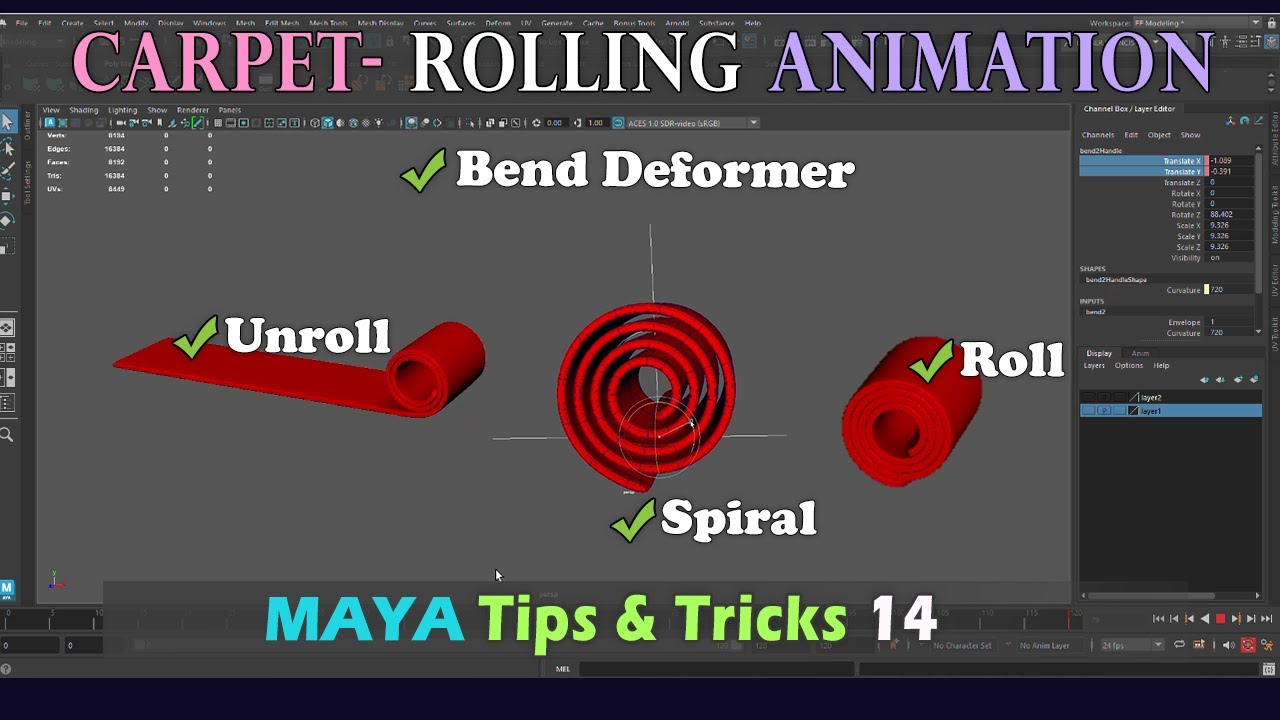 Roll a Carpet in Maya | Spiral | Bend Deformer Animation in Under 3 ...