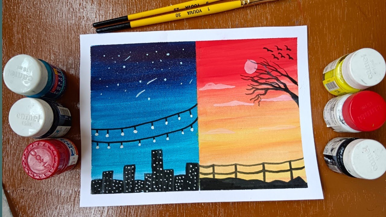 Easy day and night painting tutorial for beginners/Step by step/poster ...