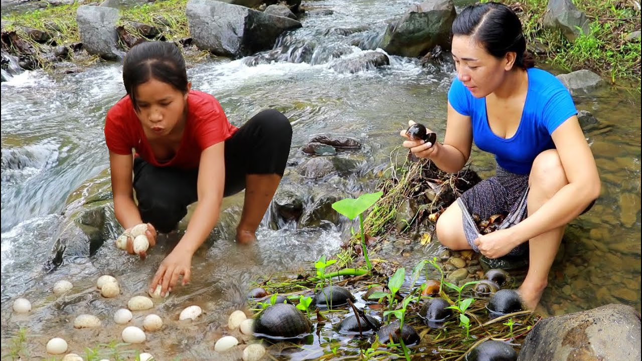 Pick up duck egg & snail for food of survival- Boiled snail & cooking ...