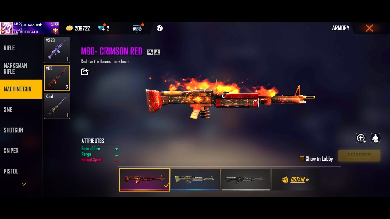 M60-Crimson Red Gun Skin | Free Fire # Diwali - YouTube