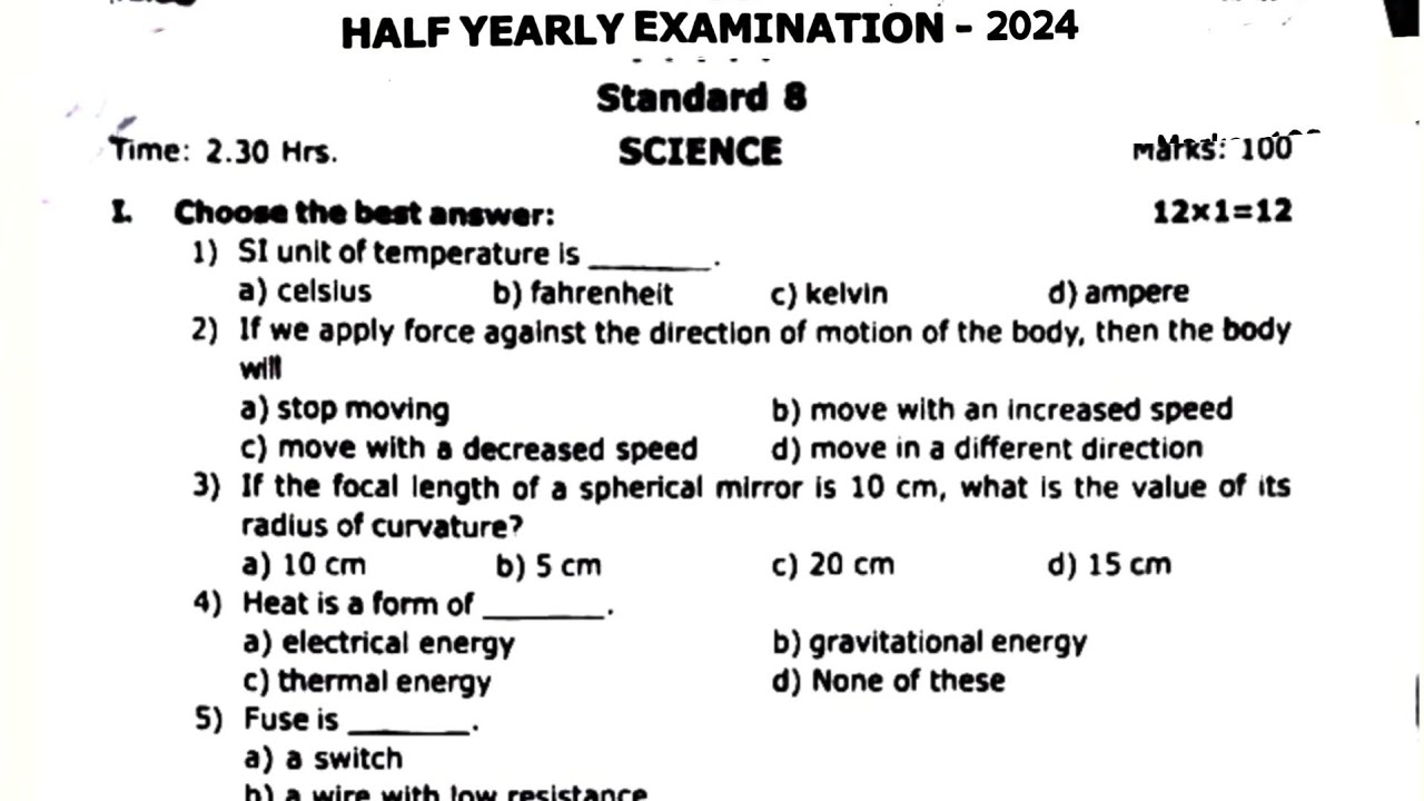 8th Science Half yearly Exam Original question paper 2024 - YouTube