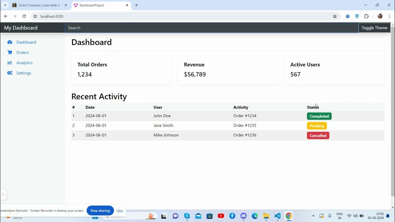 Creating light and dark mode Dashboard with Sidebar menu using Angular ...