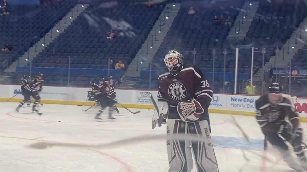 Connor Murphy, Kyle Chauvette, and Logan Terness warmups Uconn vs Union ...