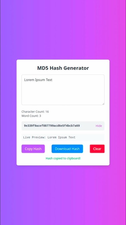 MD5 Hash Generator with JavaScript | Real-Time Hashing & UI Design | WebCraft & Devs #coding # ...