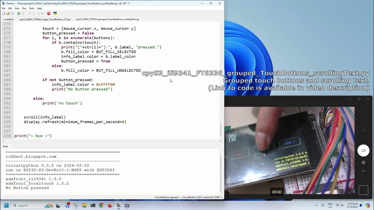 CircuitPython Exercise: Touch buttons on ILI9341 SPI LCD with FT6336 Cap. Touch - YouTube