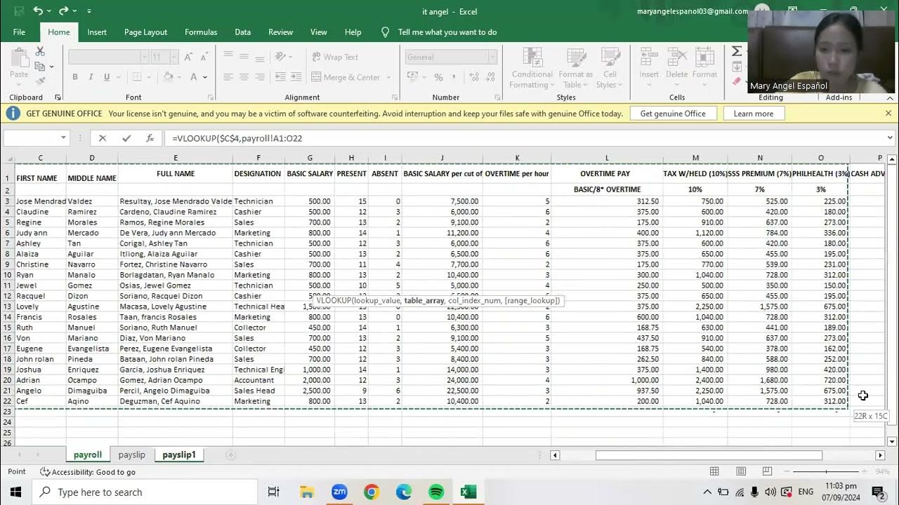 automatic payslip using VLOOKUP function - YouTube