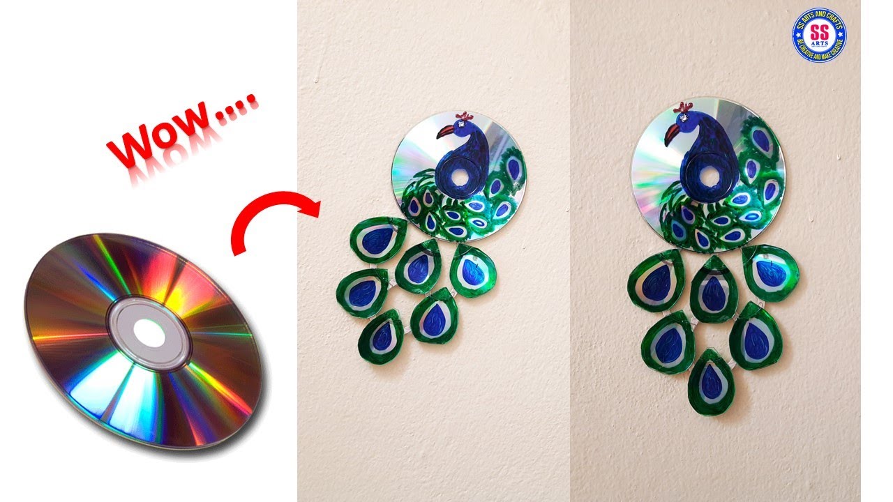 Peacock wall hanging with CD/ How to draw Peacock on CD / Room decor ...