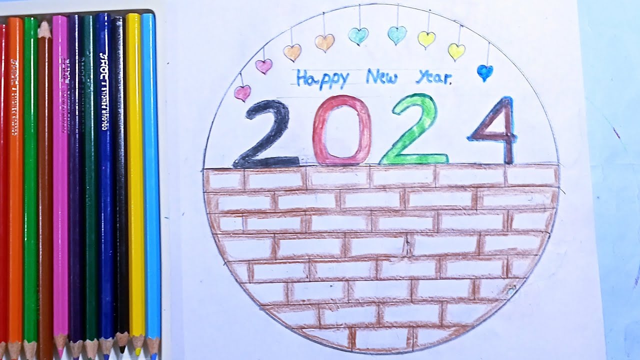 how to draw circle drawing Happy New year 2024 || Happy New year ...