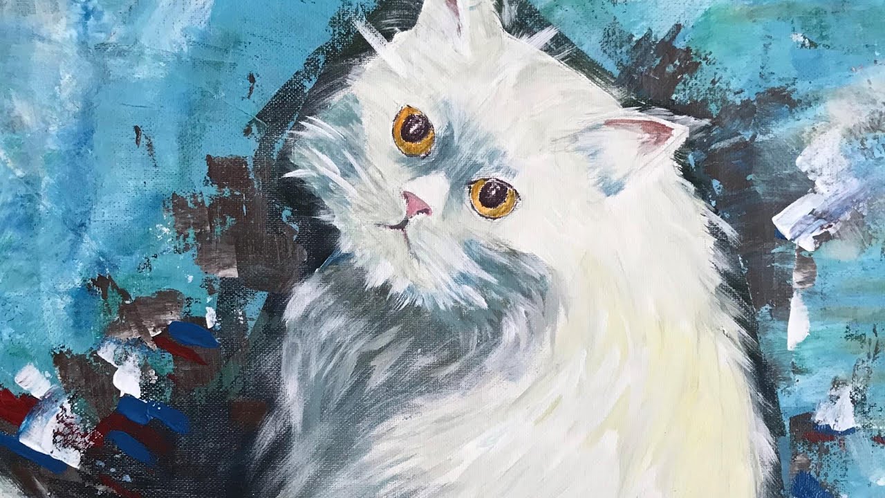 2nd painting of my pet Cato; white furry cat; acrylic painting - YouTube